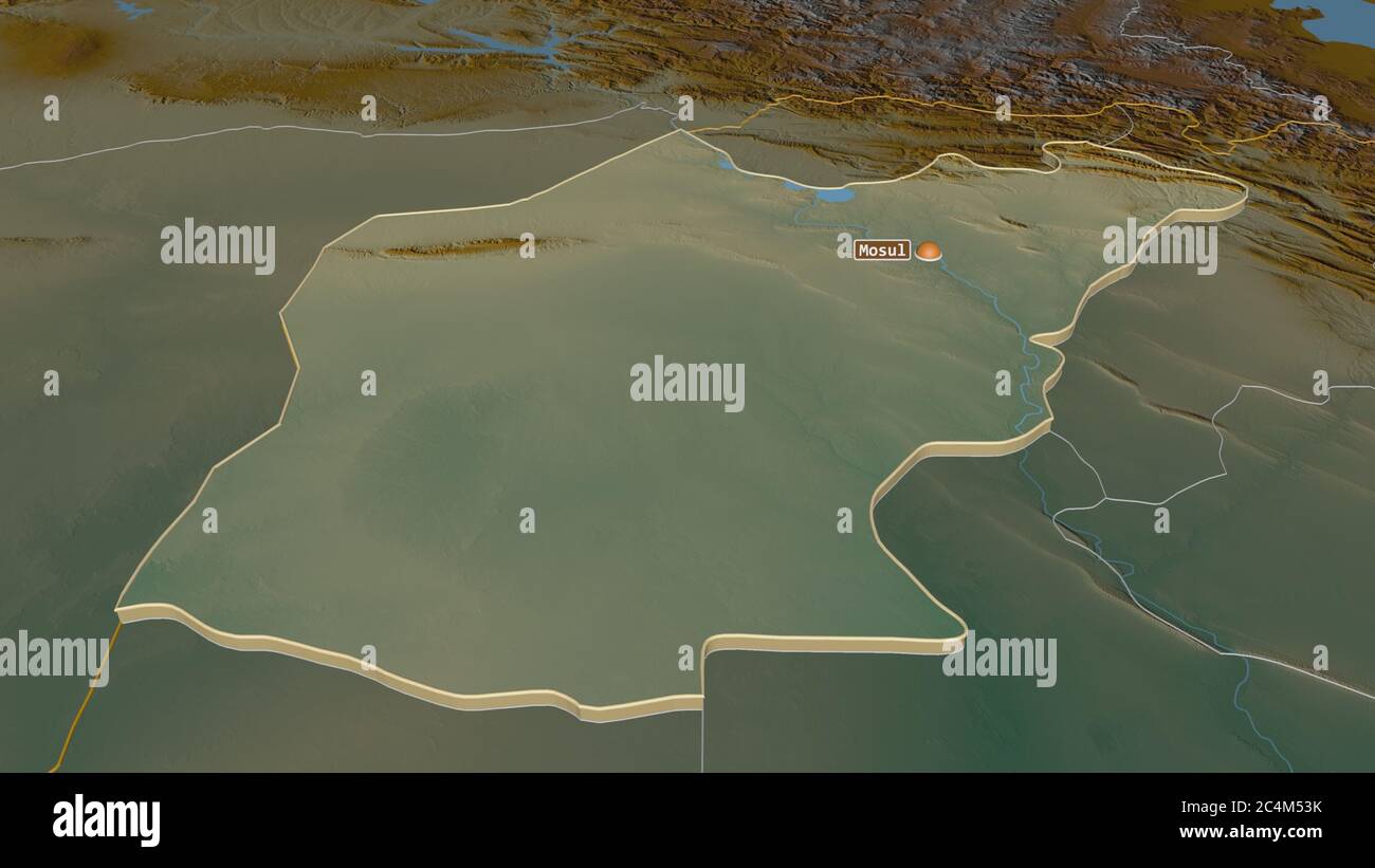 Zoom in on Ninawa (province of Iraq) extruded. Oblique perspective ...