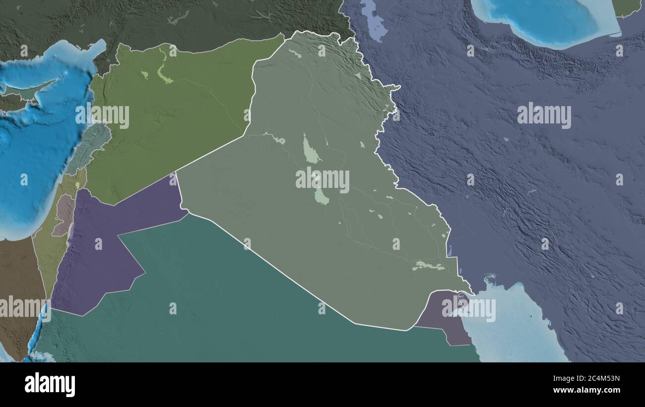 Outlined shape of the Iraq area. Colored and bumped map of the ...