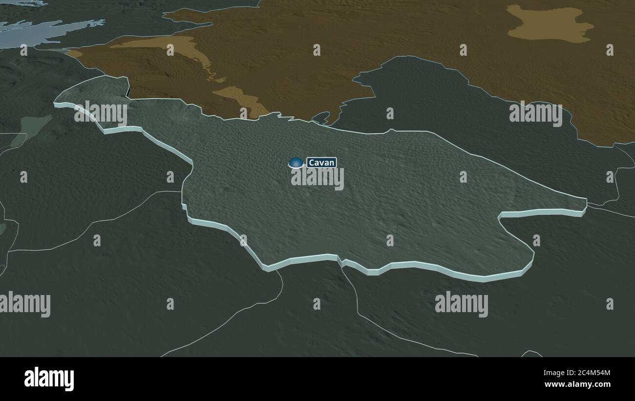 Zoom in on Cavan (county of Ireland) extruded. Oblique perspective ...
