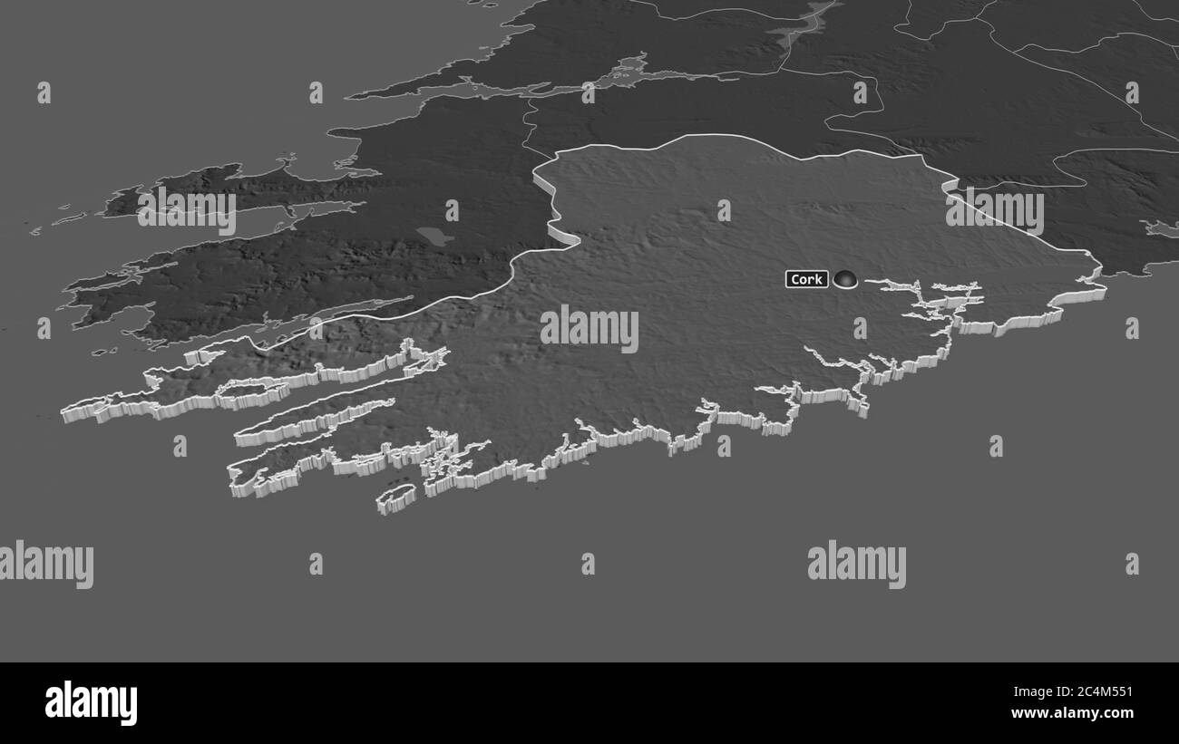 Zoom in on Cork (county of Ireland) extruded. Oblique perspective ...
