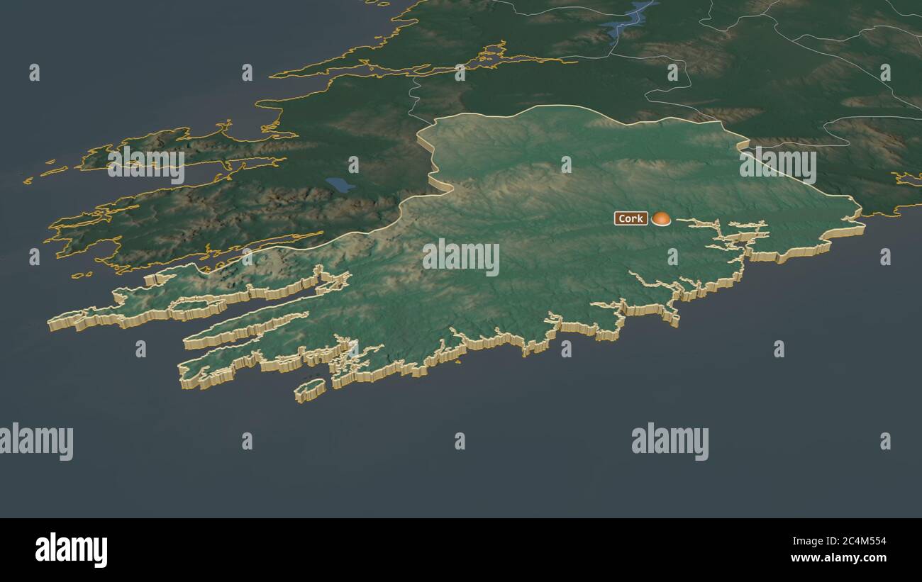 Zoom in on Cork (county of Ireland) extruded. Oblique perspective ...