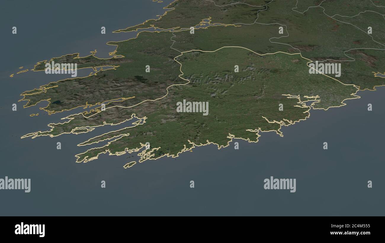 Zoom in on Cork (county of Ireland) outlined. Oblique perspective ...