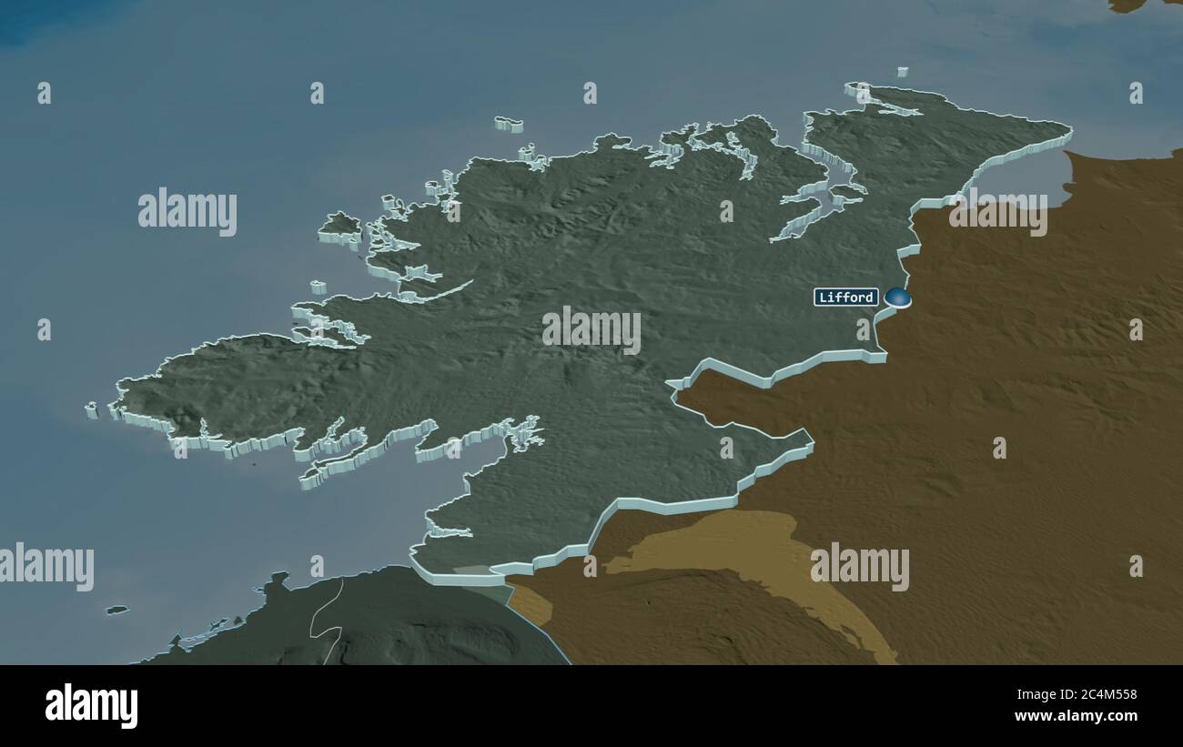 Zoom in on Donegal (county of Ireland) extruded. Oblique perspective ...