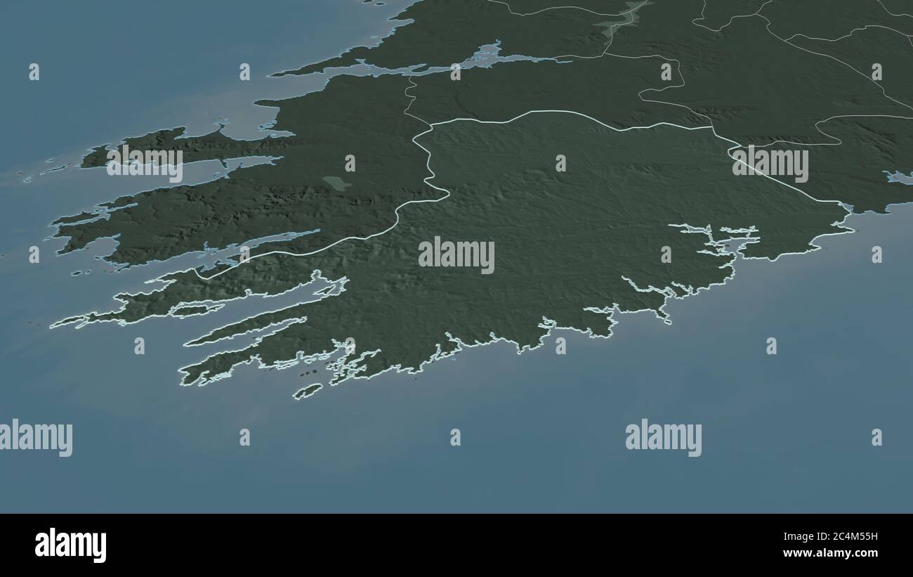 Zoom in on Cork (county of Ireland) outlined. Oblique perspective ...