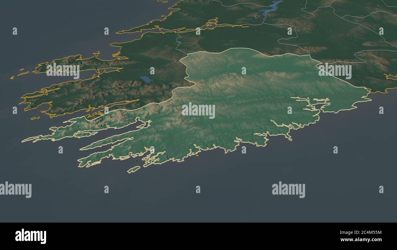 Zoom in on Cork (county of Ireland) outlined. Oblique perspective ...