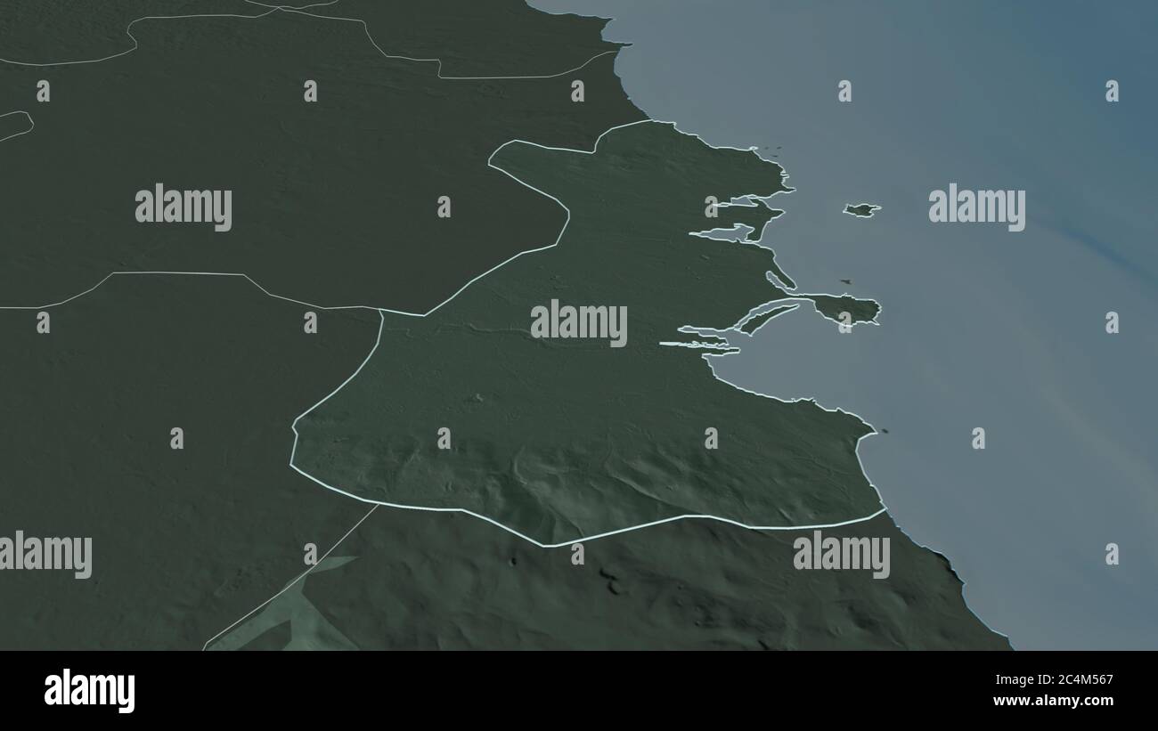 Zoom in on Dublin (county of Ireland) outlined. Oblique perspective ...