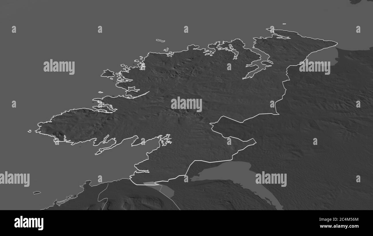 Zoom in on Donegal (county of Ireland) outlined. Oblique perspective ...