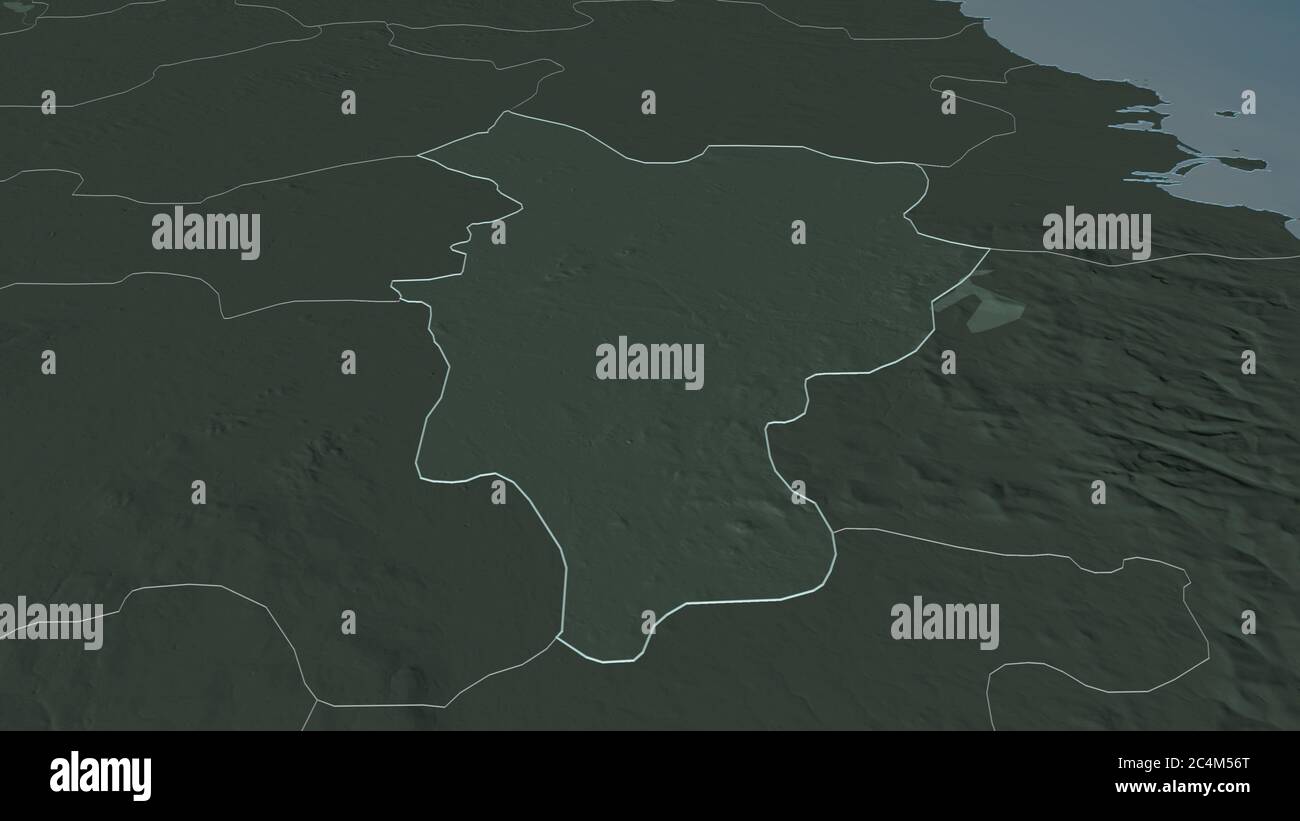 Zoom in on Kildare (county of Ireland) outlined. Oblique perspective ...