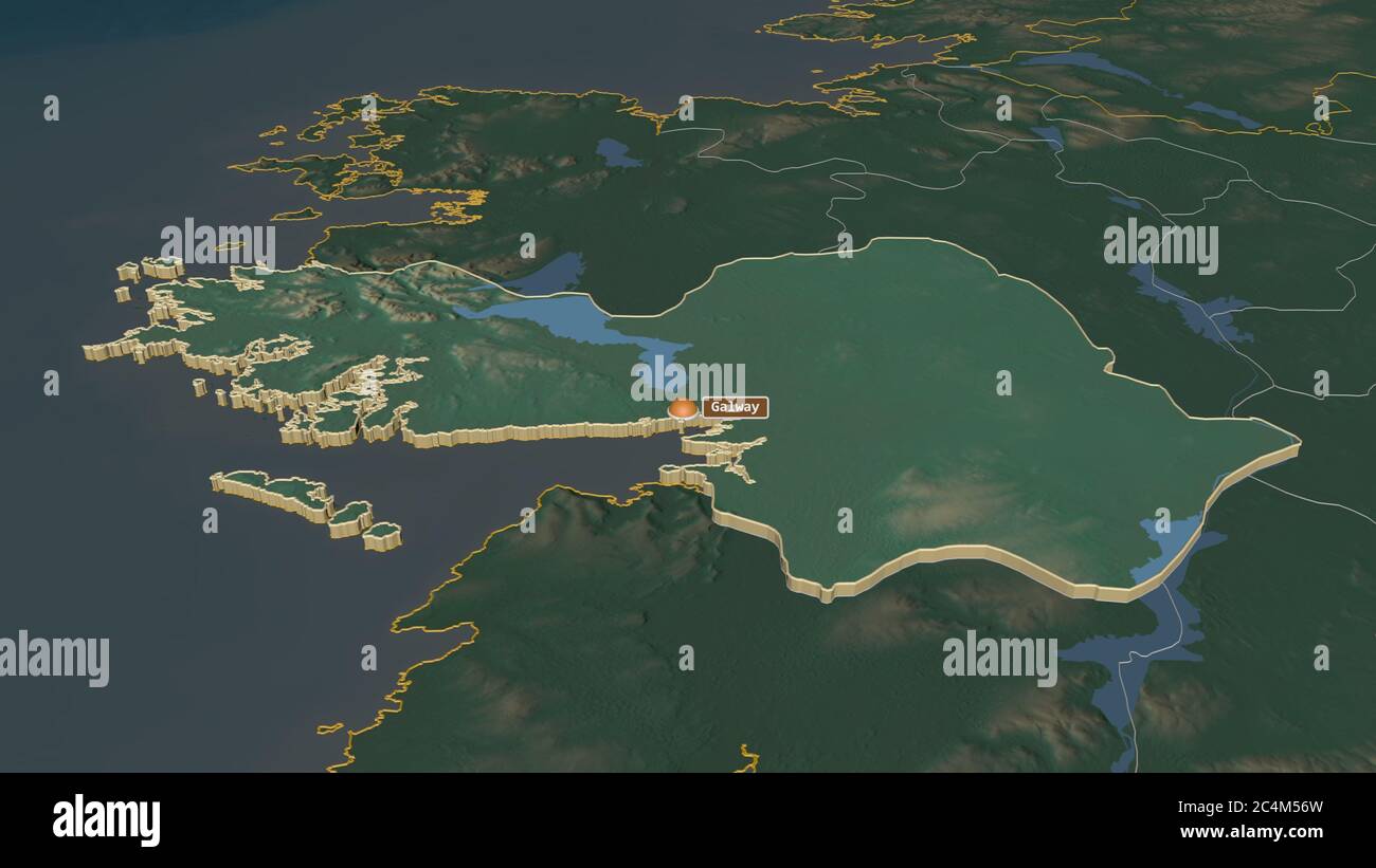 Zoom in on Galway (county of Ireland) extruded. Oblique perspective ...