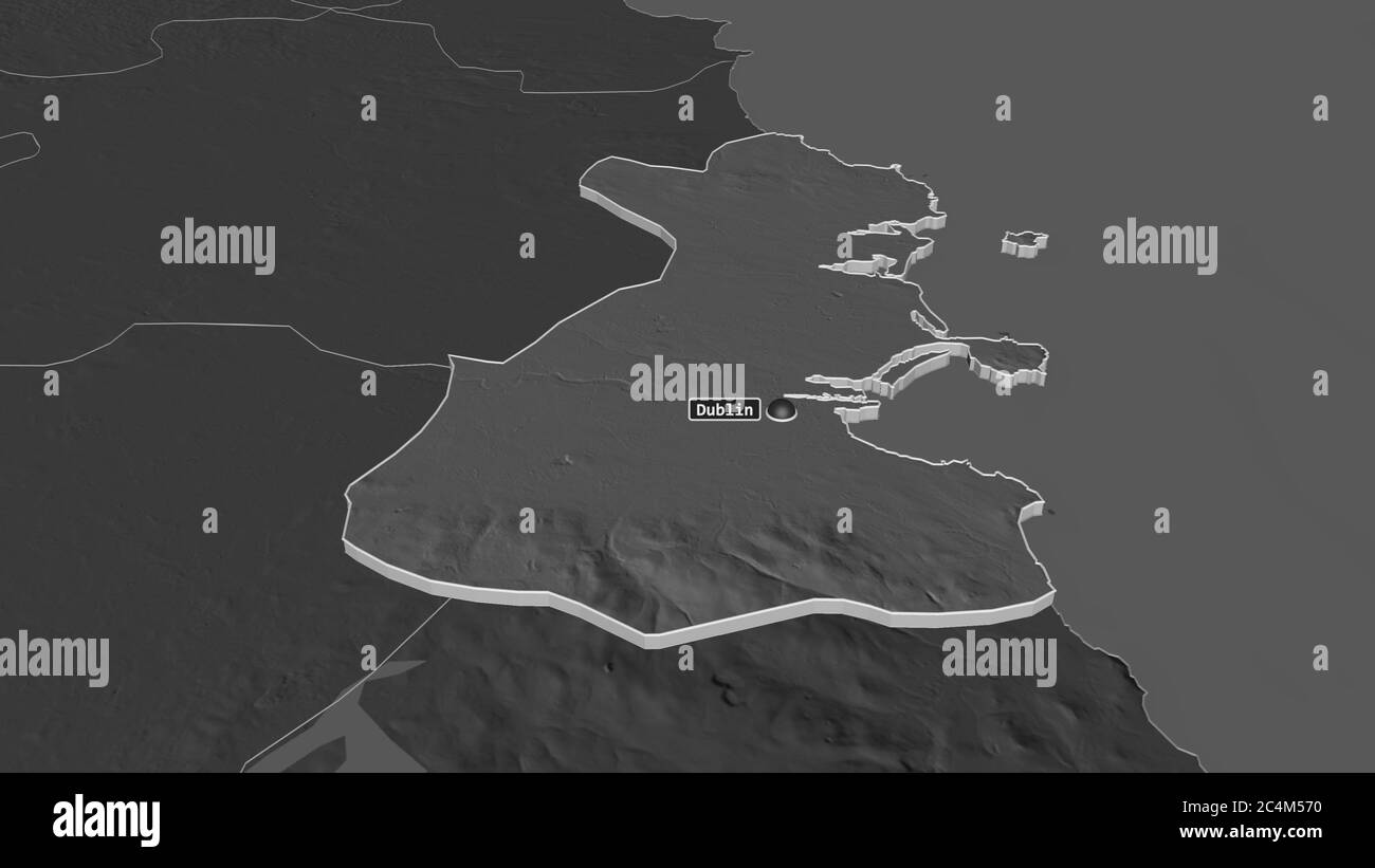 Zoom in on Dublin (county of Ireland) extruded. Oblique perspective ...