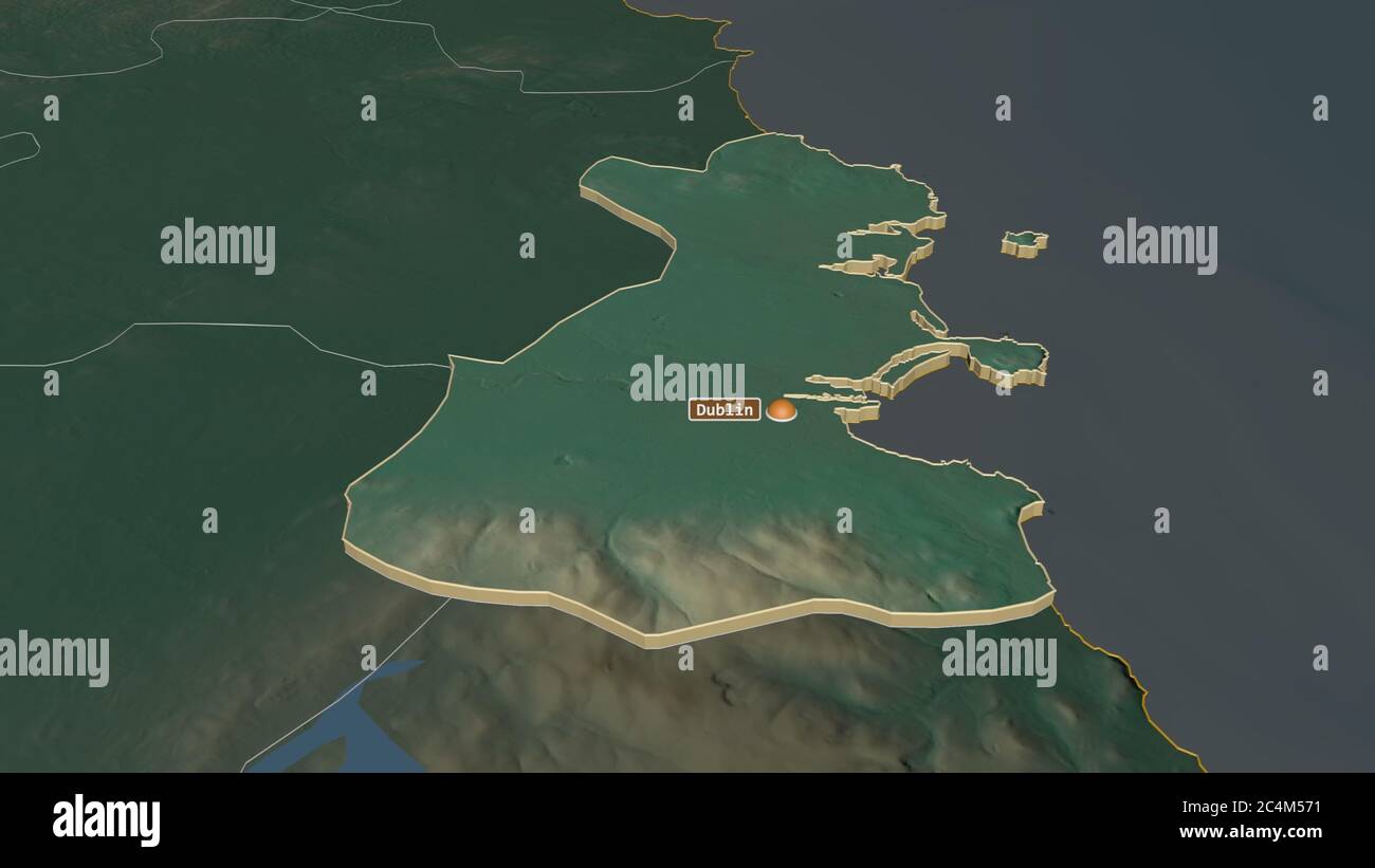 Zoom in on Dublin (county of Ireland) extruded. Oblique perspective ...