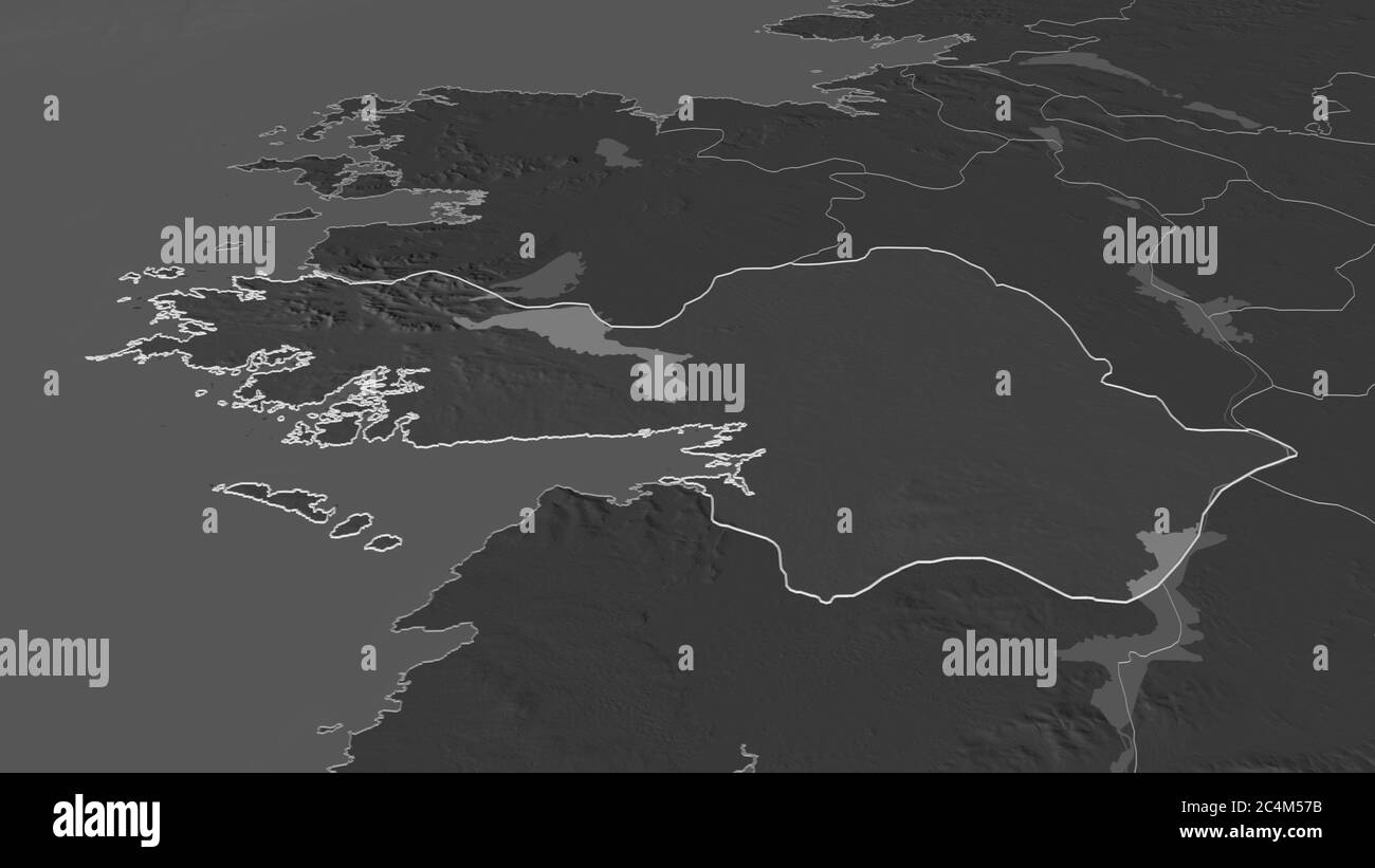Zoom in on Galway (county of Ireland) outlined. Oblique perspective ...