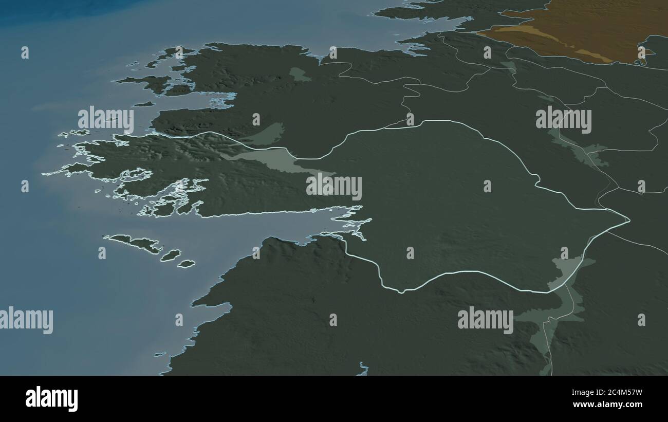 Zoom in on Galway (county of Ireland) outlined. Oblique perspective ...