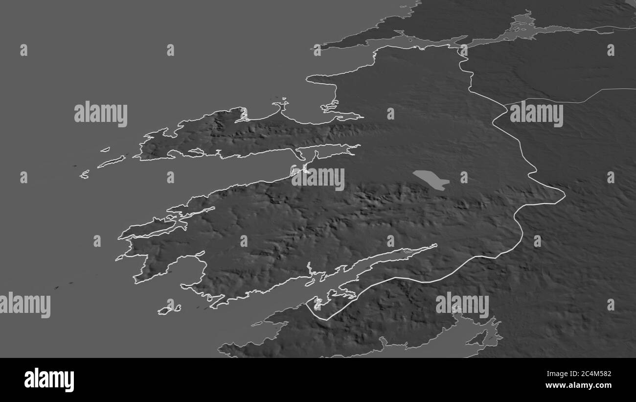 Zoom in on Kerry (county of Ireland) outlined. Oblique perspective ...