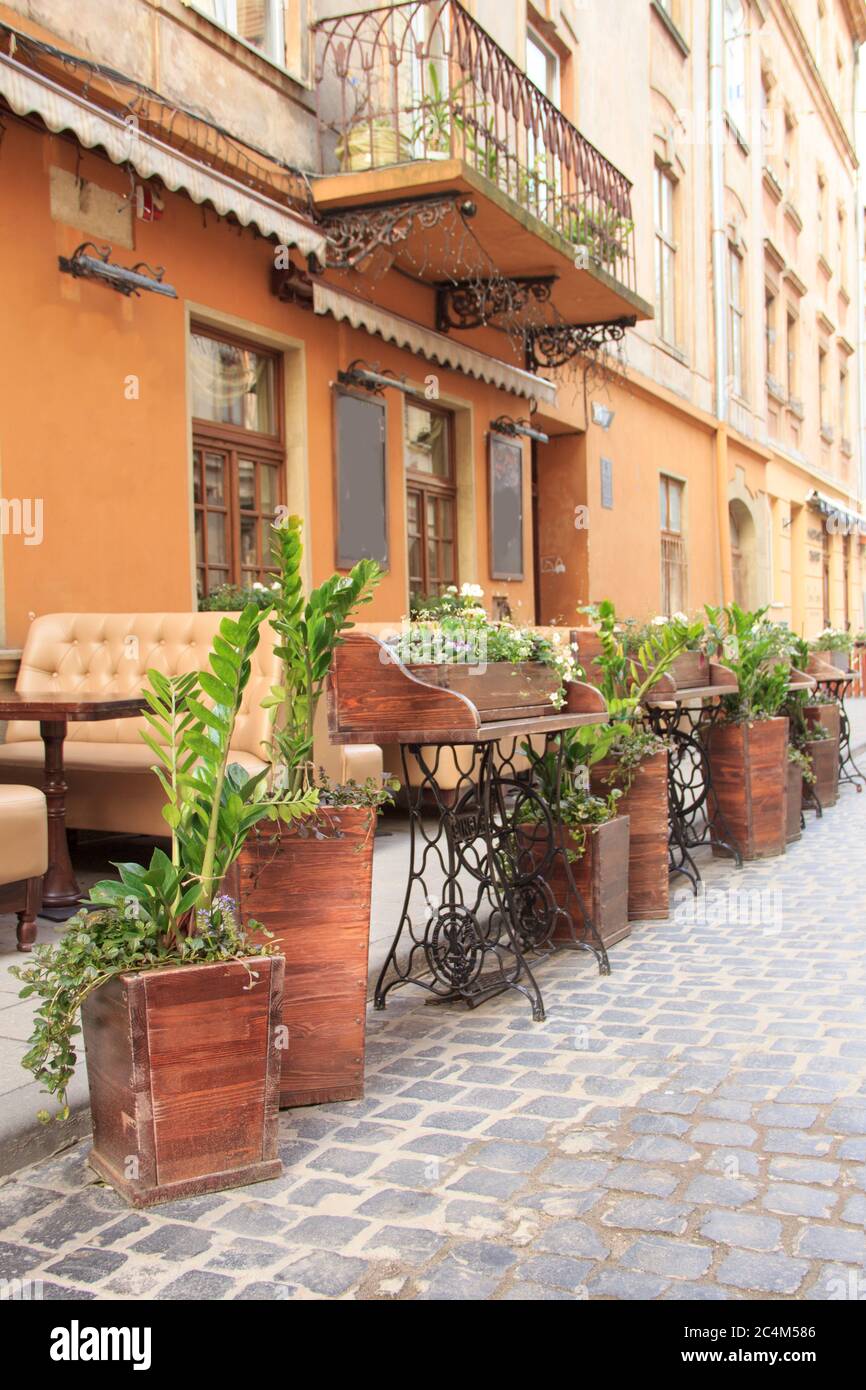 Beautiful design of a street cafe in Lviv street, Ukraine Stock Photo ...