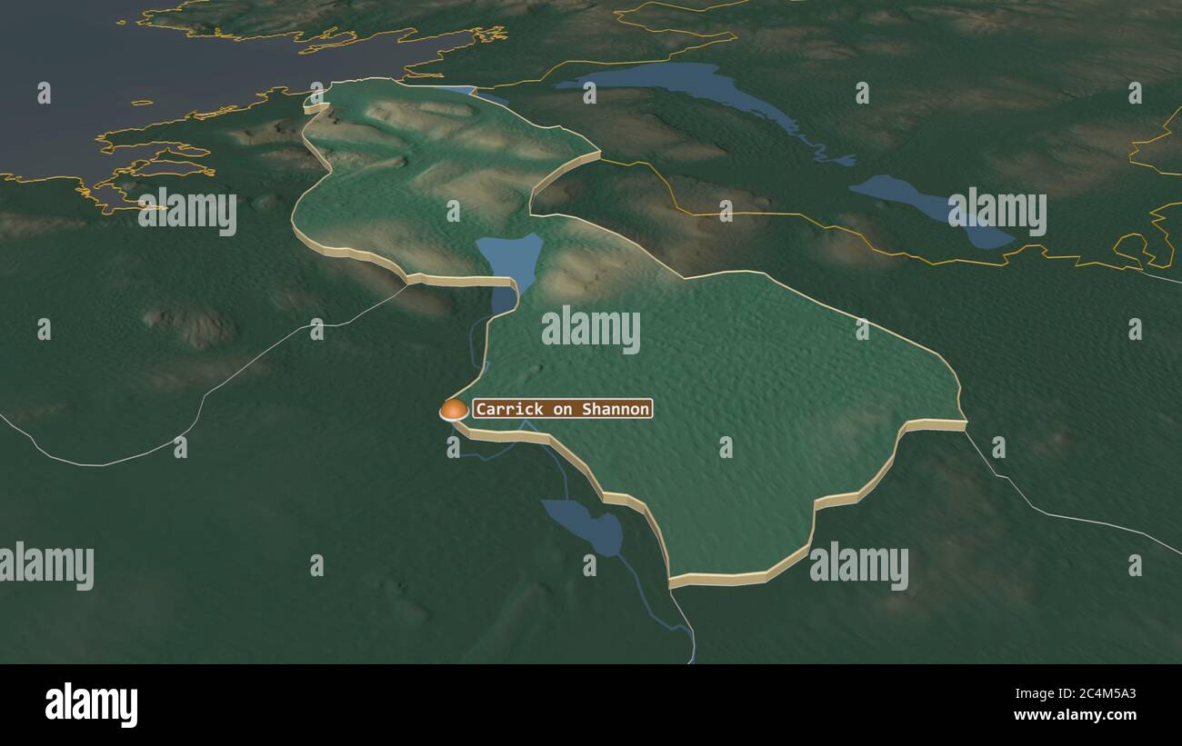 Zoom in on Leitrim (county of Ireland) extruded. Oblique perspective ...
