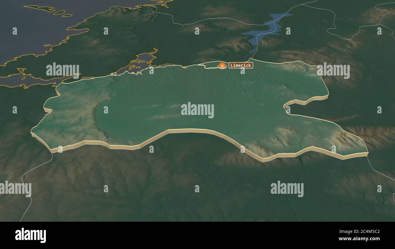 Zoom in on Limerick (county of Ireland) extruded. Oblique perspective ...