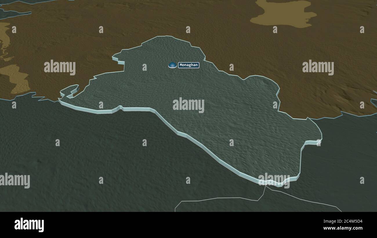 Zoom in on Monaghan (county of Ireland) extruded. Oblique perspective ...