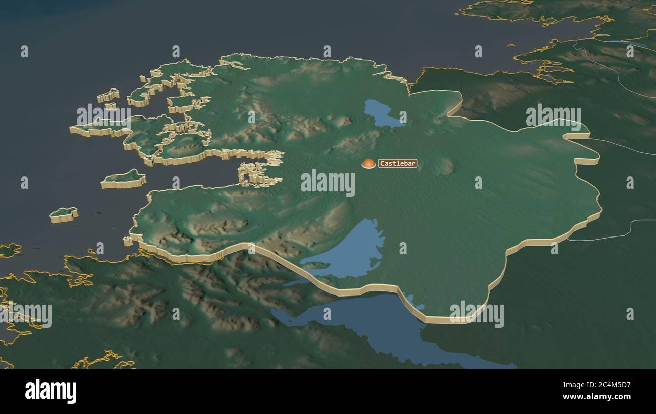 Zoom in on Mayo (county of Ireland) extruded. Oblique perspective ...