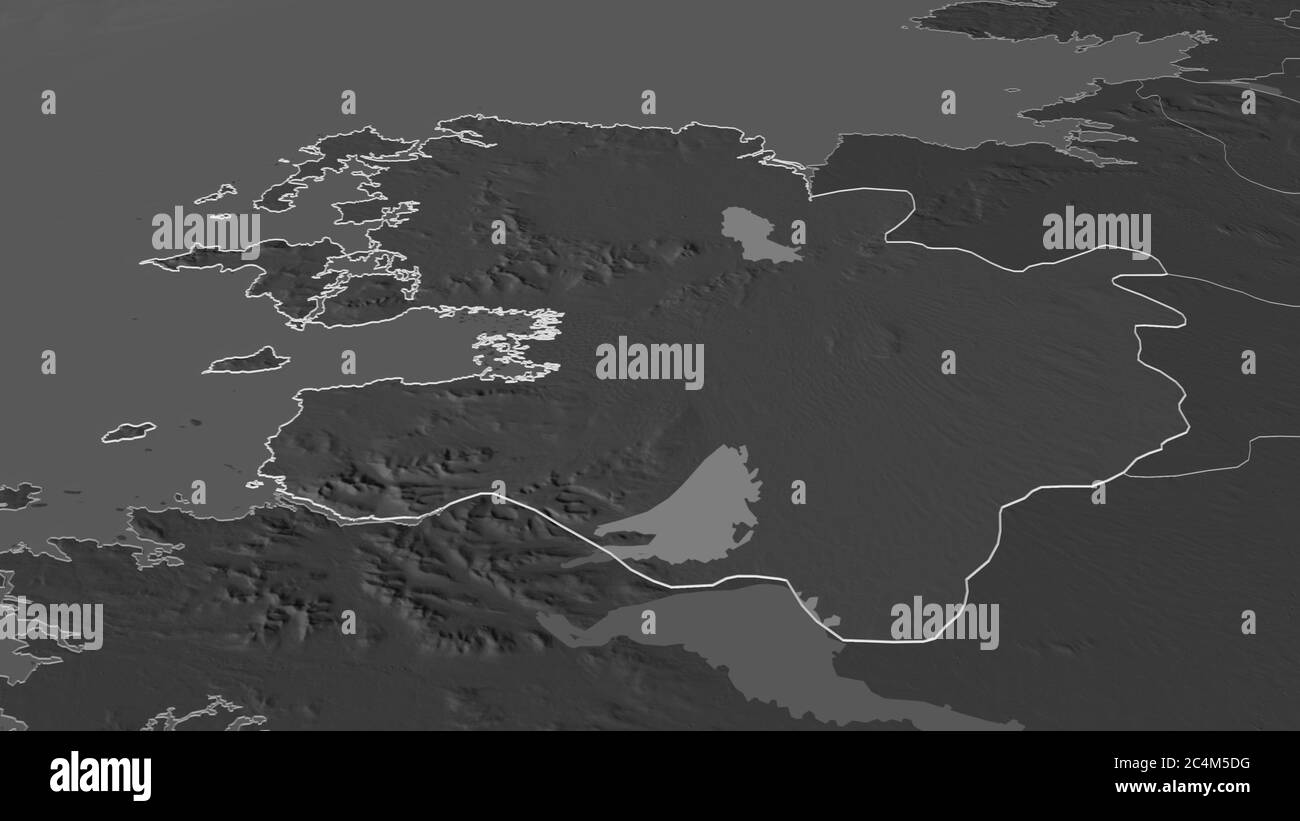 Zoom in on Mayo (county of Ireland) outlined. Oblique perspective ...
