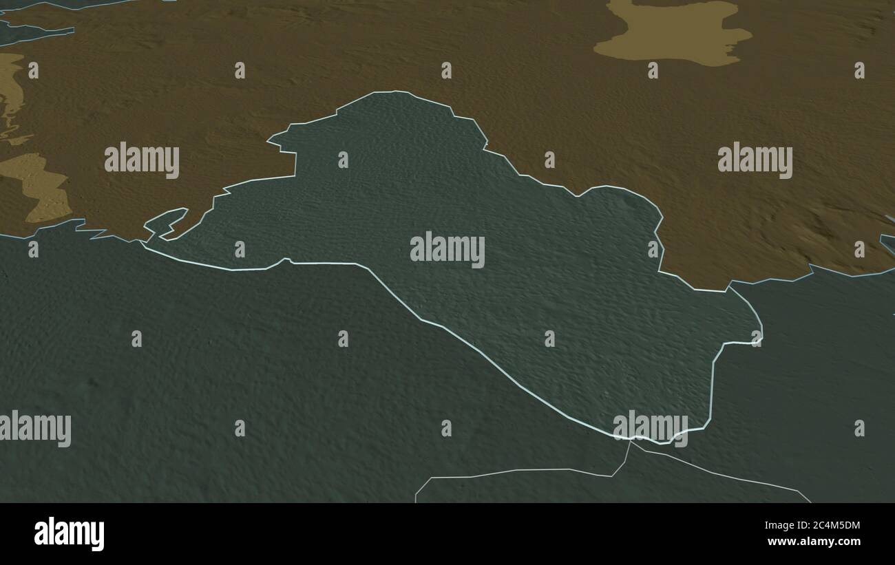 Zoom in on Monaghan (county of Ireland) outlined. Oblique perspective ...