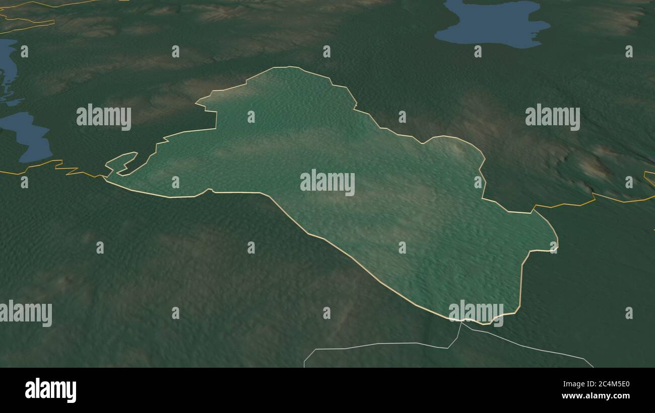 Zoom in on Monaghan (county of Ireland) outlined. Oblique perspective ...