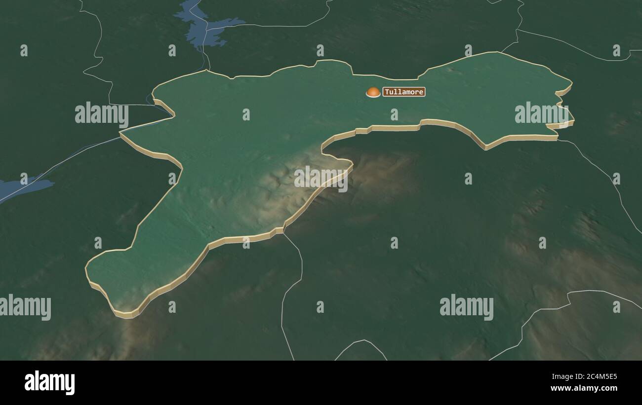 Zoom in on Offaly (county of Ireland) extruded. Oblique perspective ...