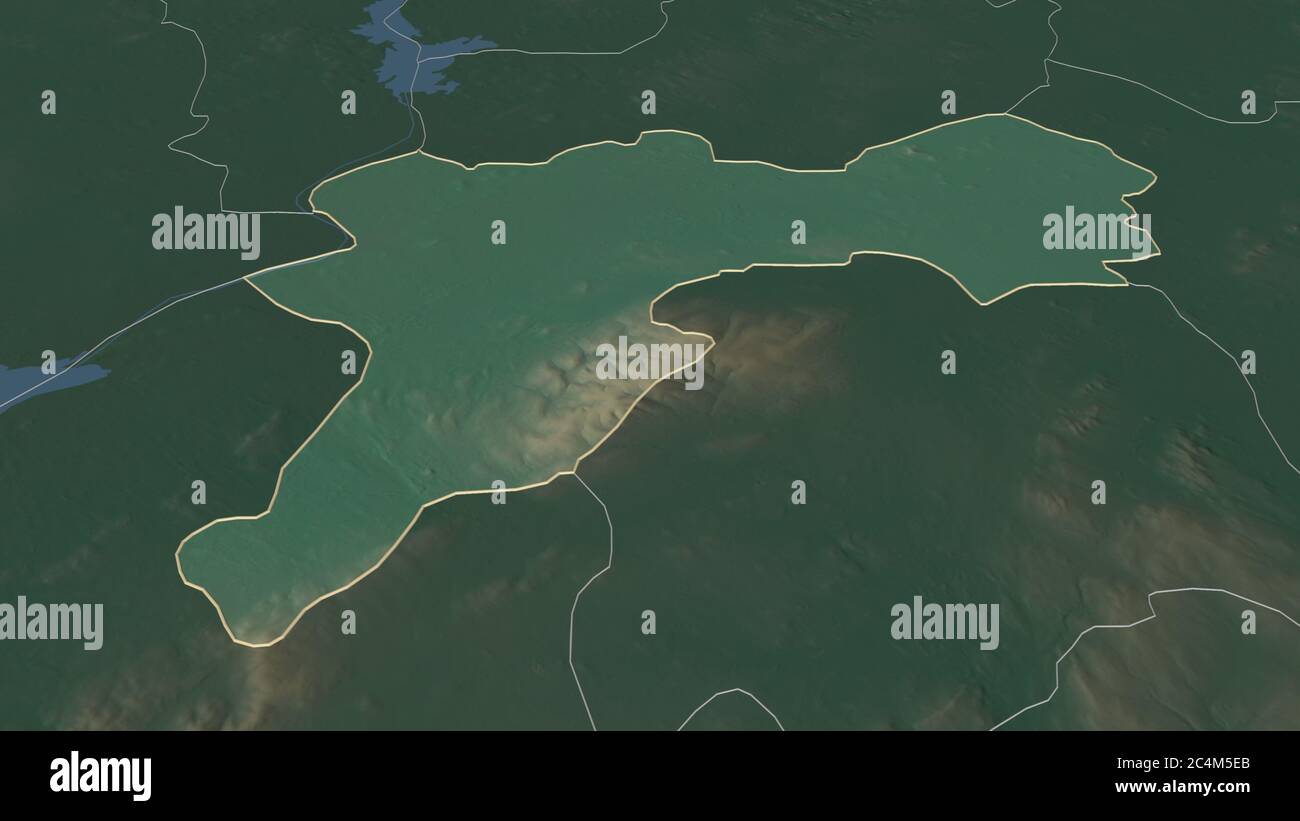 Zoom in on Offaly (county of Ireland) outlined. Oblique perspective ...