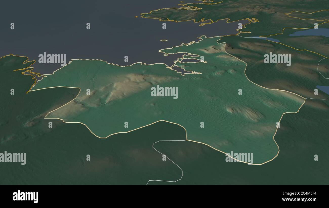 Zoom in on Sligo (county of Ireland) outlined. Oblique perspective ...