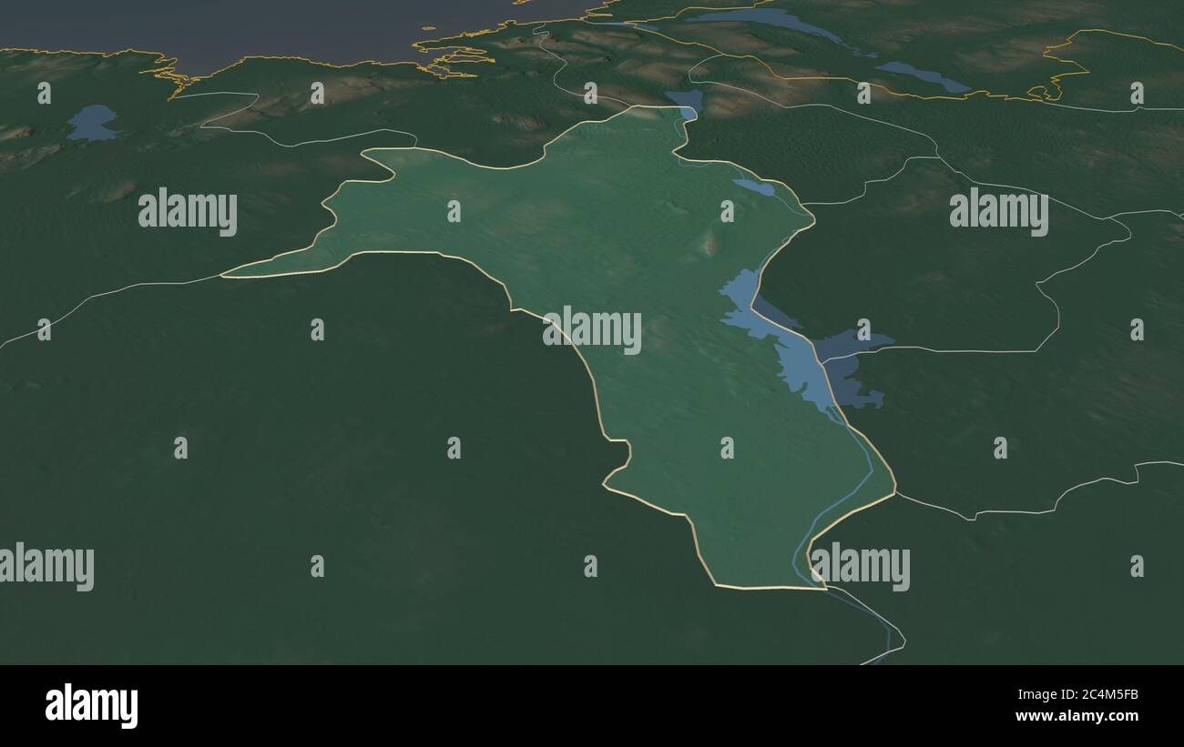 Zoom in on Roscommon (county of Ireland) outlined. Oblique perspective ...