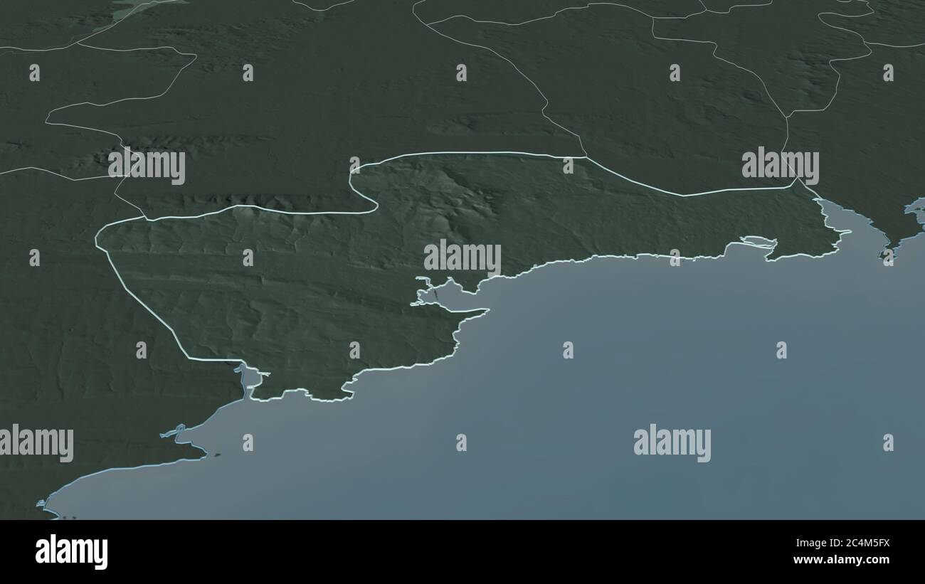 Zoom in on Waterford (county of Ireland) outlined. Oblique perspective ...