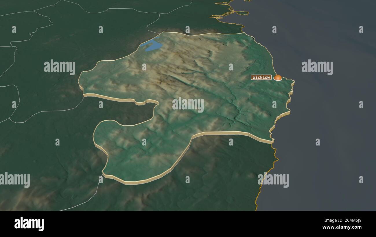 Zoom in on Wicklow (county of Ireland) extruded. Oblique perspective ...