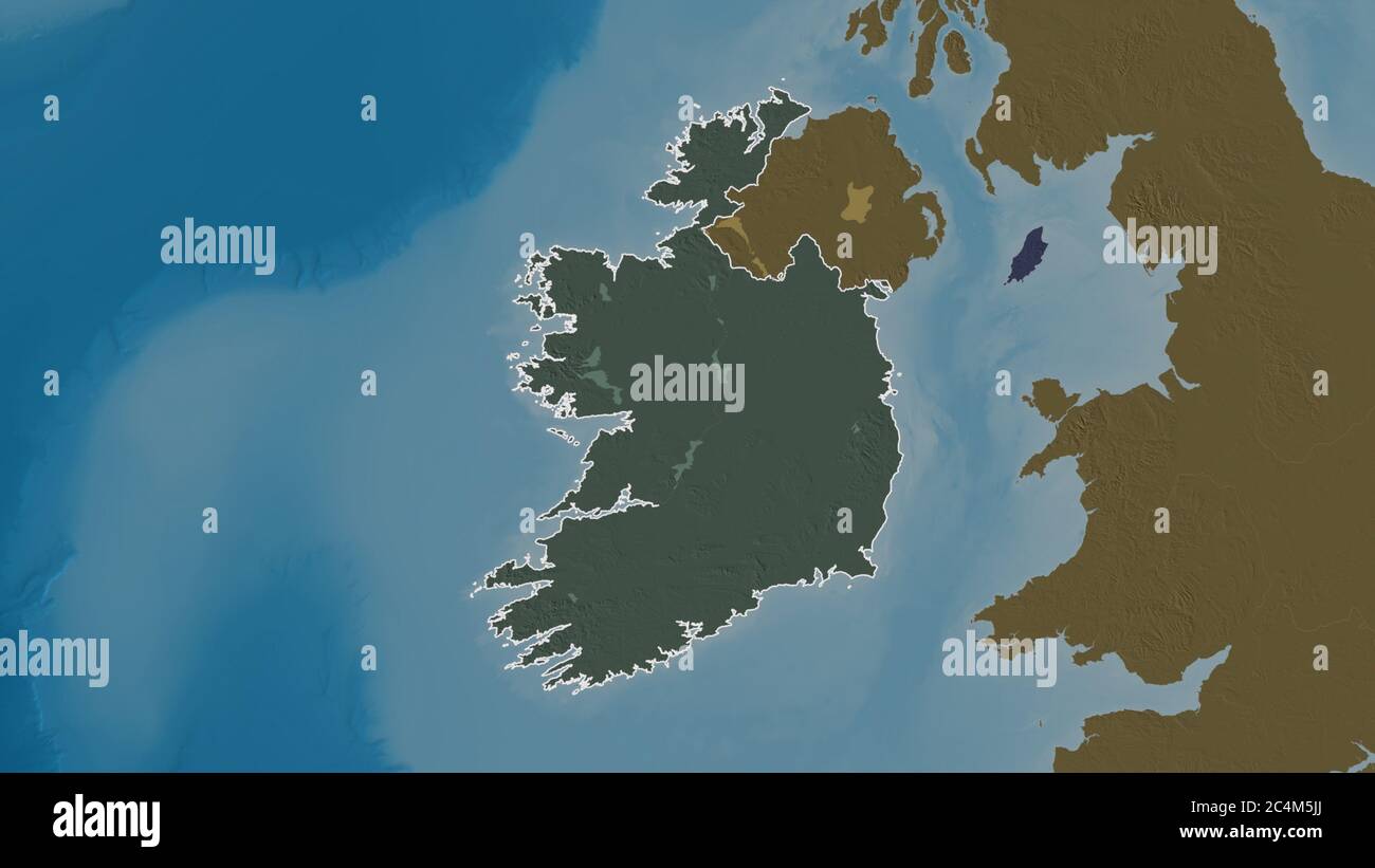 Outlined shape of the Ireland area. Colored and bumped map of the ...