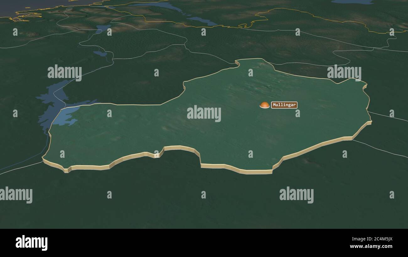 Zoom in on Westmeath (county of Ireland) extruded. Oblique perspective ...