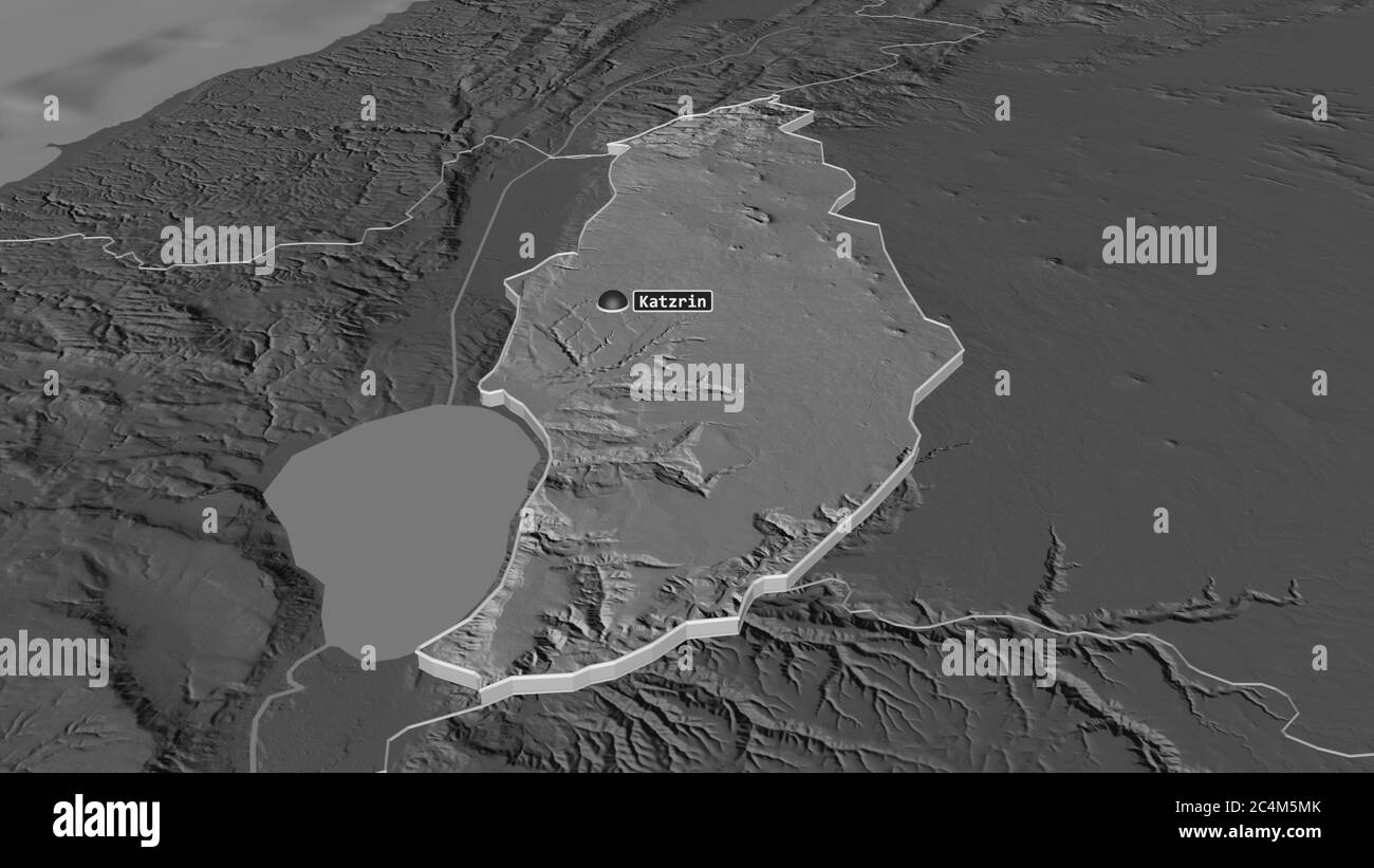 Zoom in on Golan (district of Israel) extruded. Oblique perspective ...