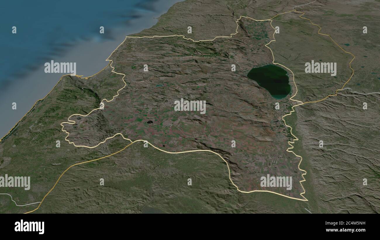 Zoom in on HaZafon (district of Israel) outlined. Oblique perspective ...