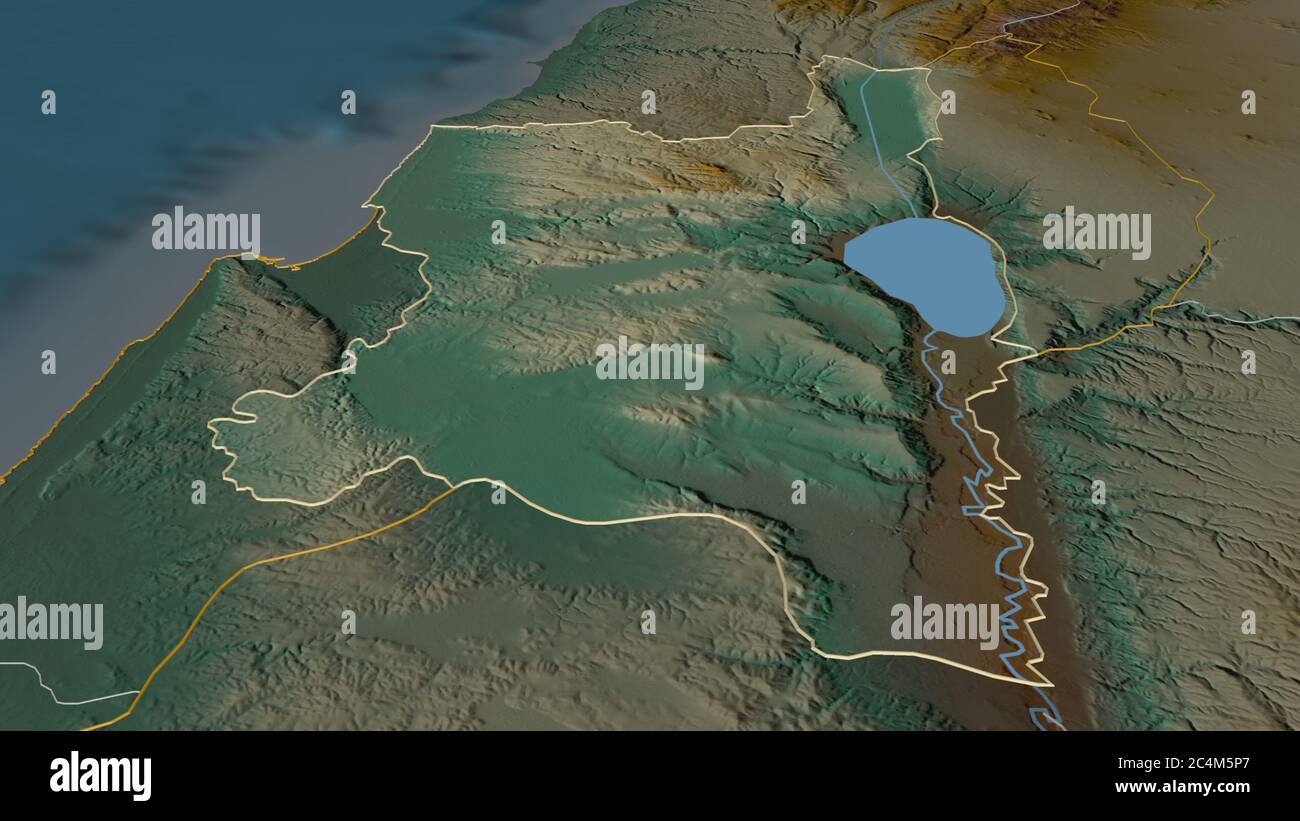 Zoom in on HaZafon (district of Israel) outlined. Oblique perspective ...