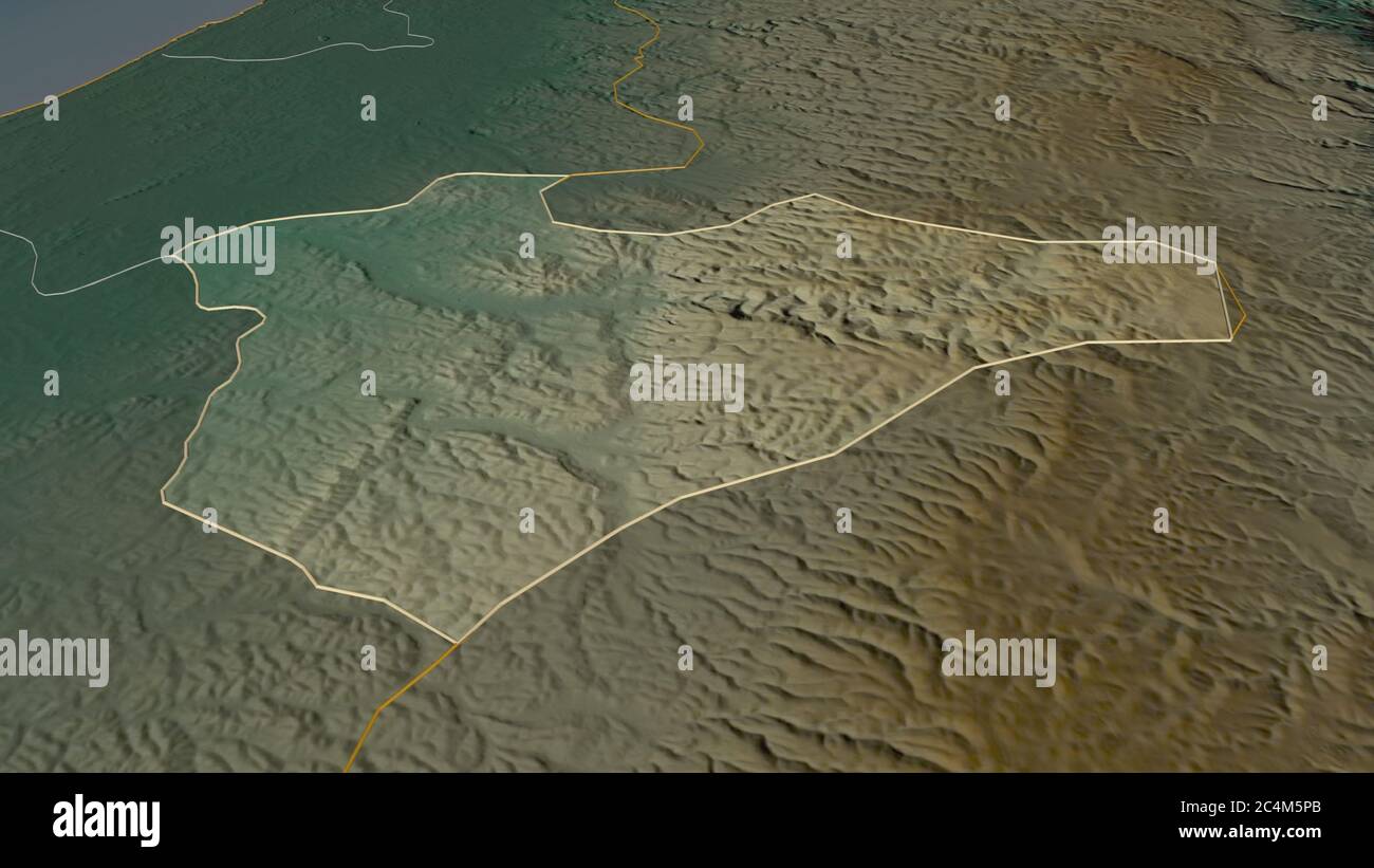 Zoom in on Jerusalem (district of Israel) outlined. Oblique perspective ...