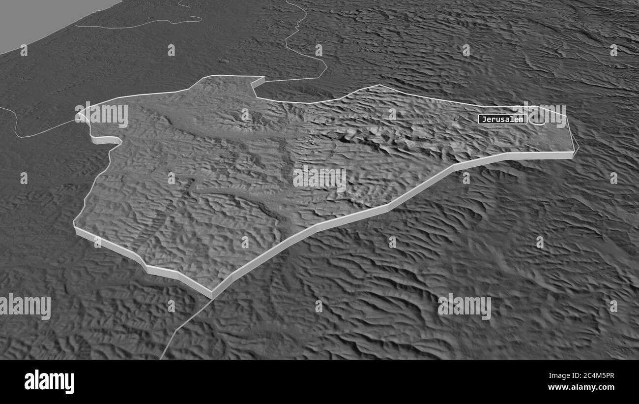 Zoom in on Jerusalem (district of Israel) extruded. Oblique perspective ...