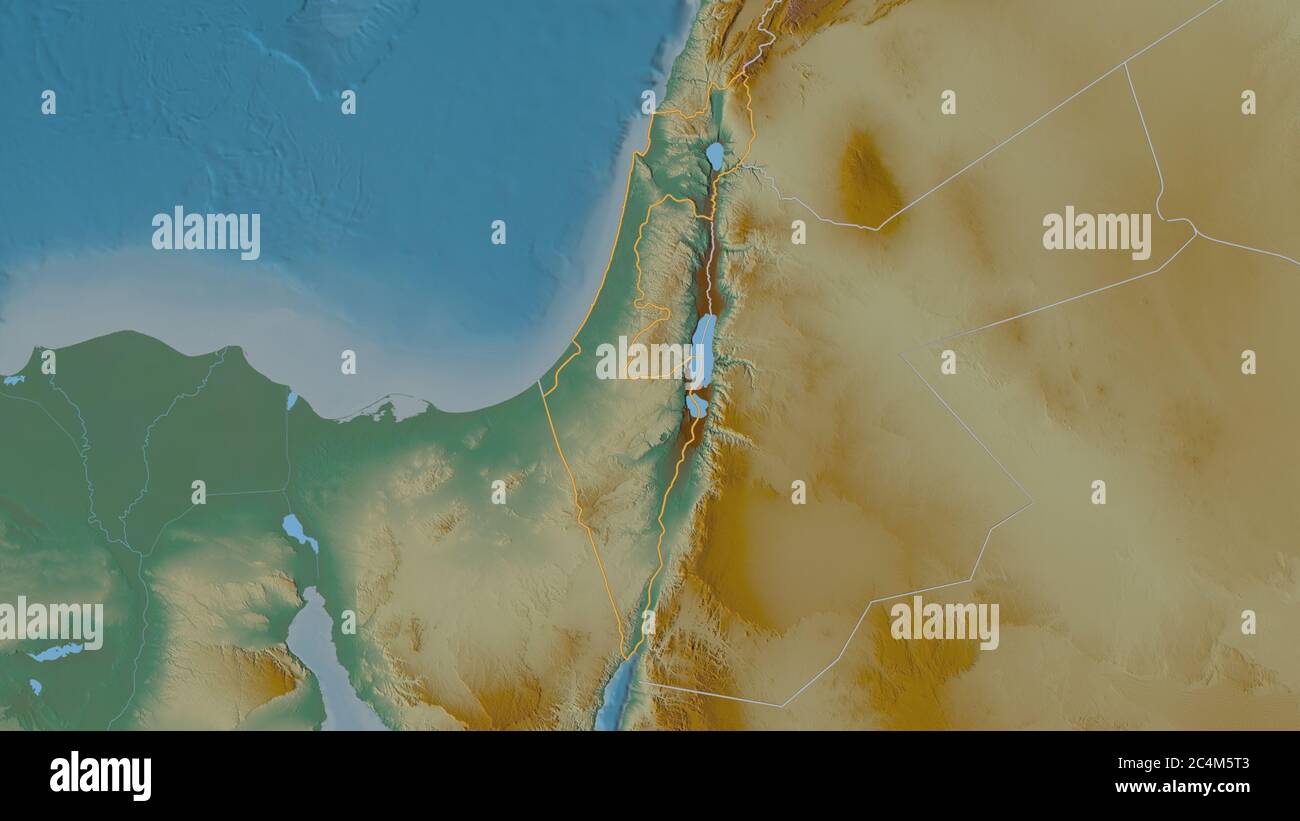 Outlined shape of the Israel area. Topographic relief map with surface ...