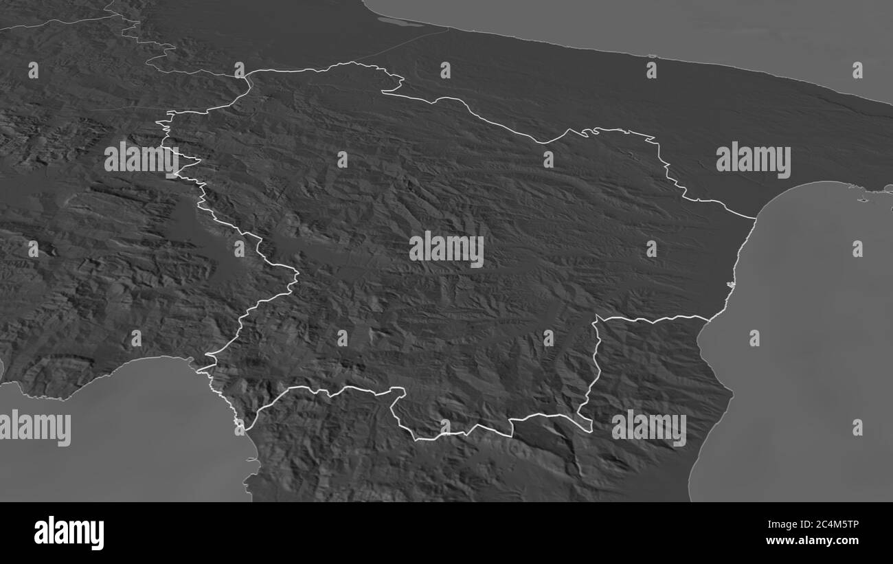 Zoom in on Basilicata (region of Italy) outlined. Oblique perspective ...