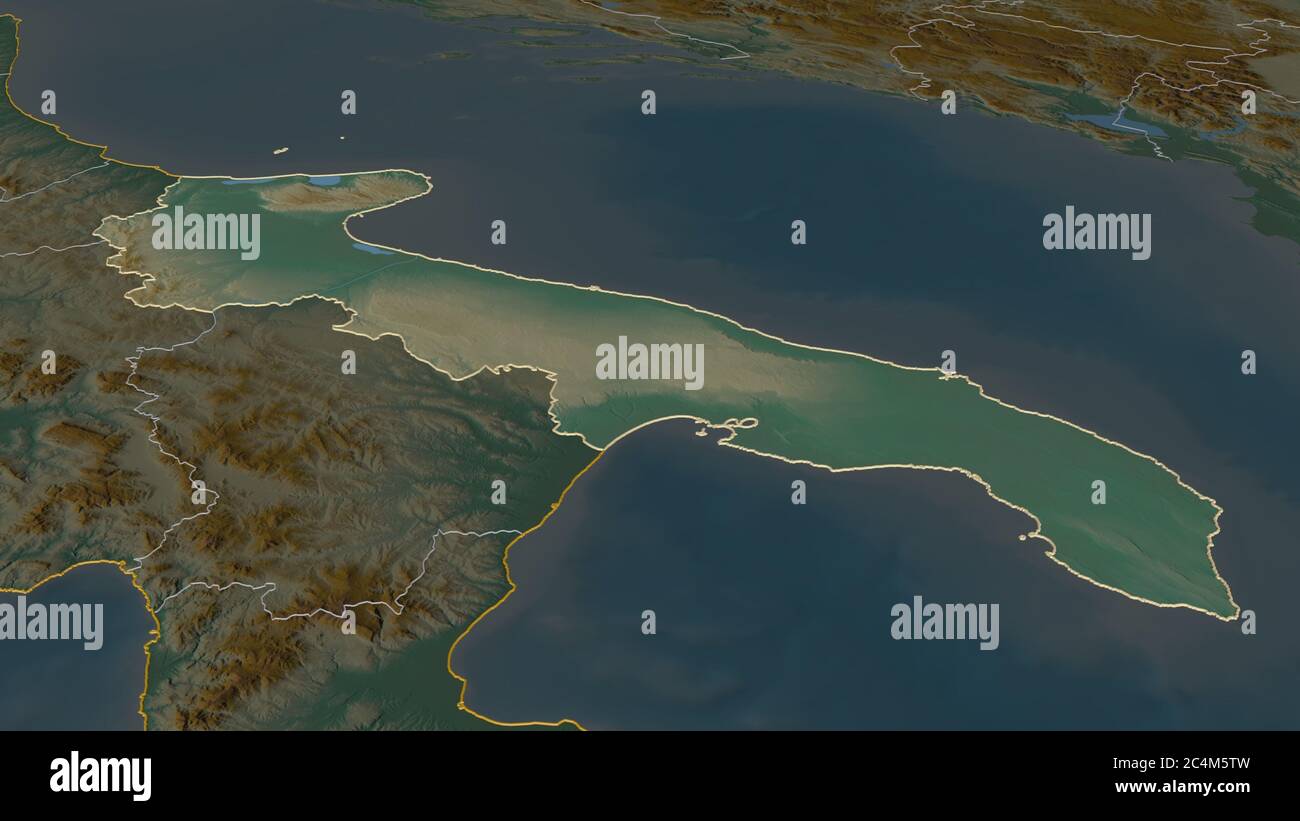 Zoom in on Apulia (region of Italy) outlined. Oblique perspective ...
