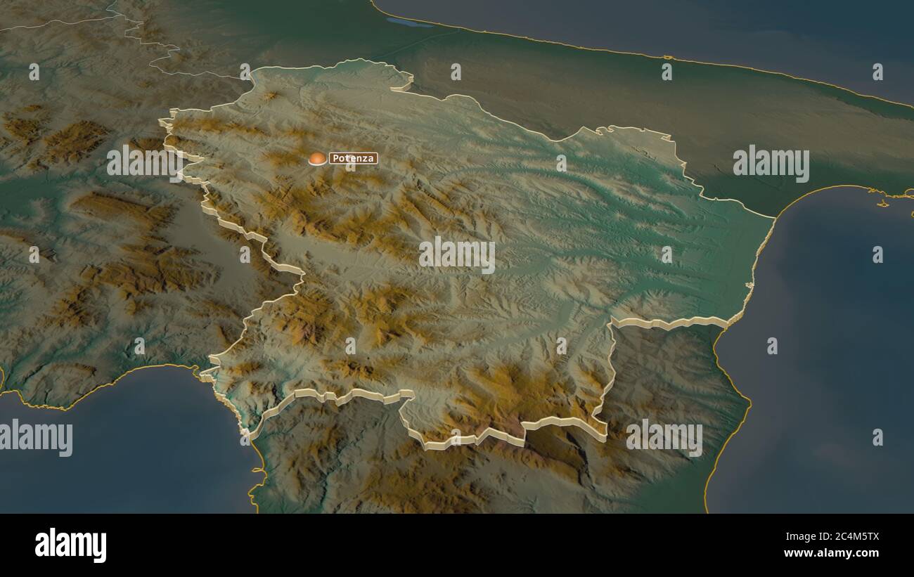 Zoom in on Basilicata (region of Italy) extruded. Oblique perspective ...