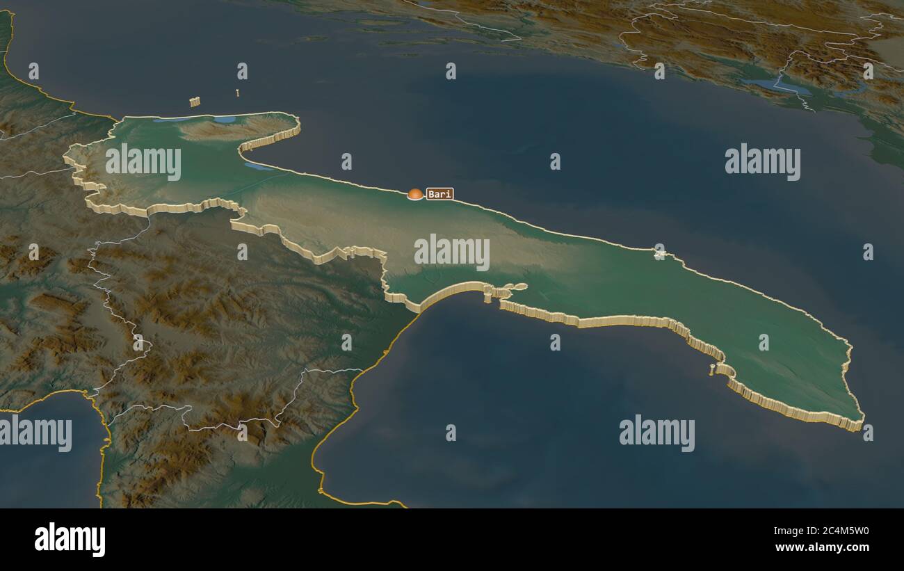 Zoom in on Apulia (region of Italy) extruded. Oblique perspective ...