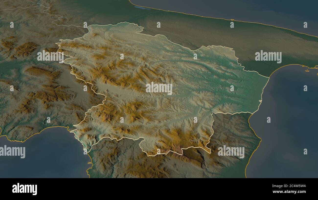 Zoom in on Basilicata (region of Italy) outlined. Oblique perspective ...