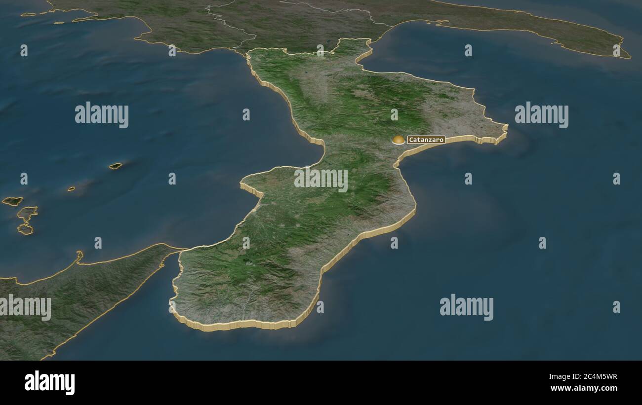 Zoom in on Calabria (region of Italy) extruded. Oblique perspective ...