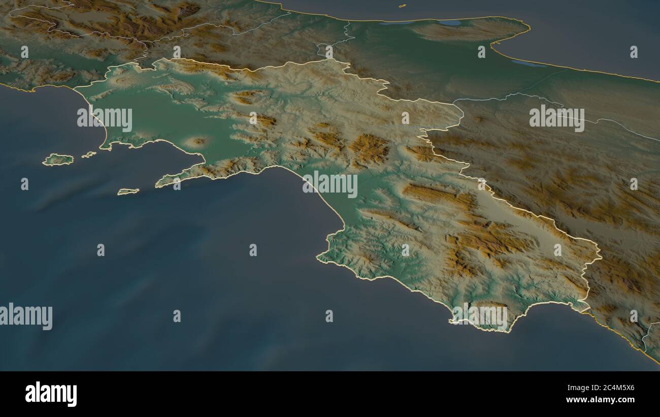Zoom in on Campania (region of Italy) outlined. Oblique perspective ...
