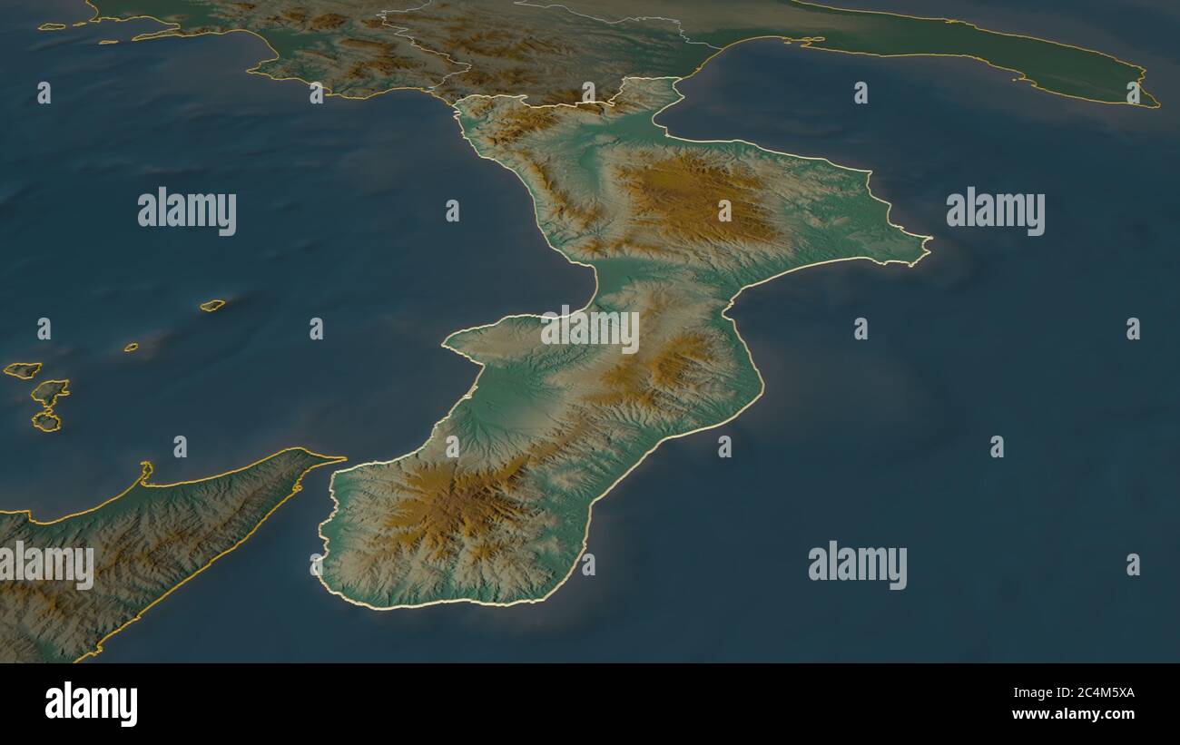 Zoom in on Calabria (region of Italy) outlined. Oblique perspective ...