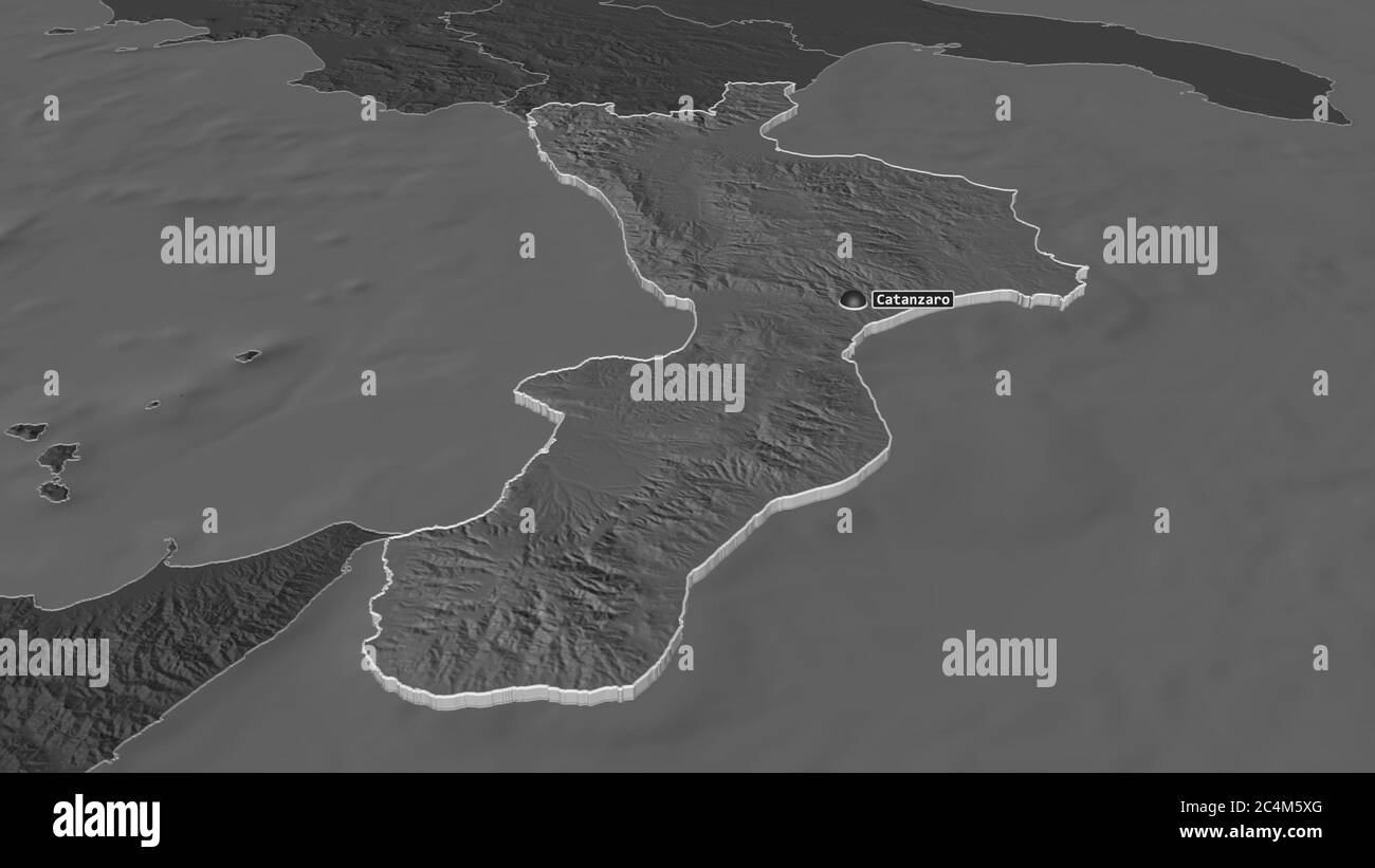 Zoom in on Calabria (region of Italy) extruded. Oblique perspective ...