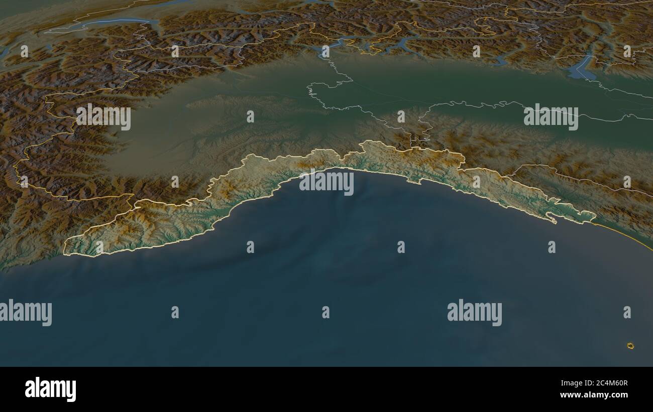Zoom in on Liguria (region of Italy) outlined. Oblique perspective ...